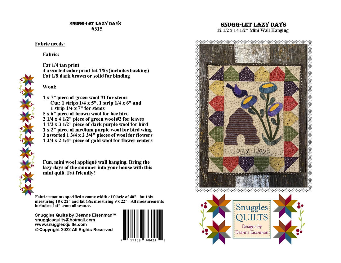 Snugg-let Lazy Days - Mini Wool Applique Pattern – Snuggles Quilts